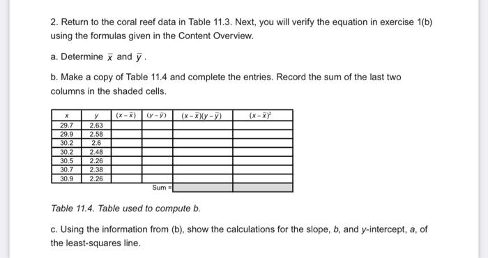 Solved 2. Return to the coral reef data in Table 11.3. Next, | Chegg.com