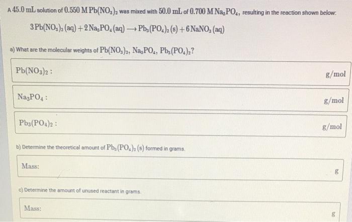 Solved A 45.0 mL solution of 0.550 M Pb(NO3), was mixed with | Chegg.com