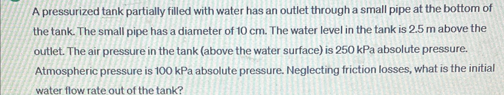 Solved A pressurized tank partially filled with water has an | Chegg.com
