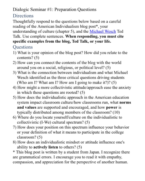 Dialogic Seminar #1: Preparation Questions Directions | Chegg.com