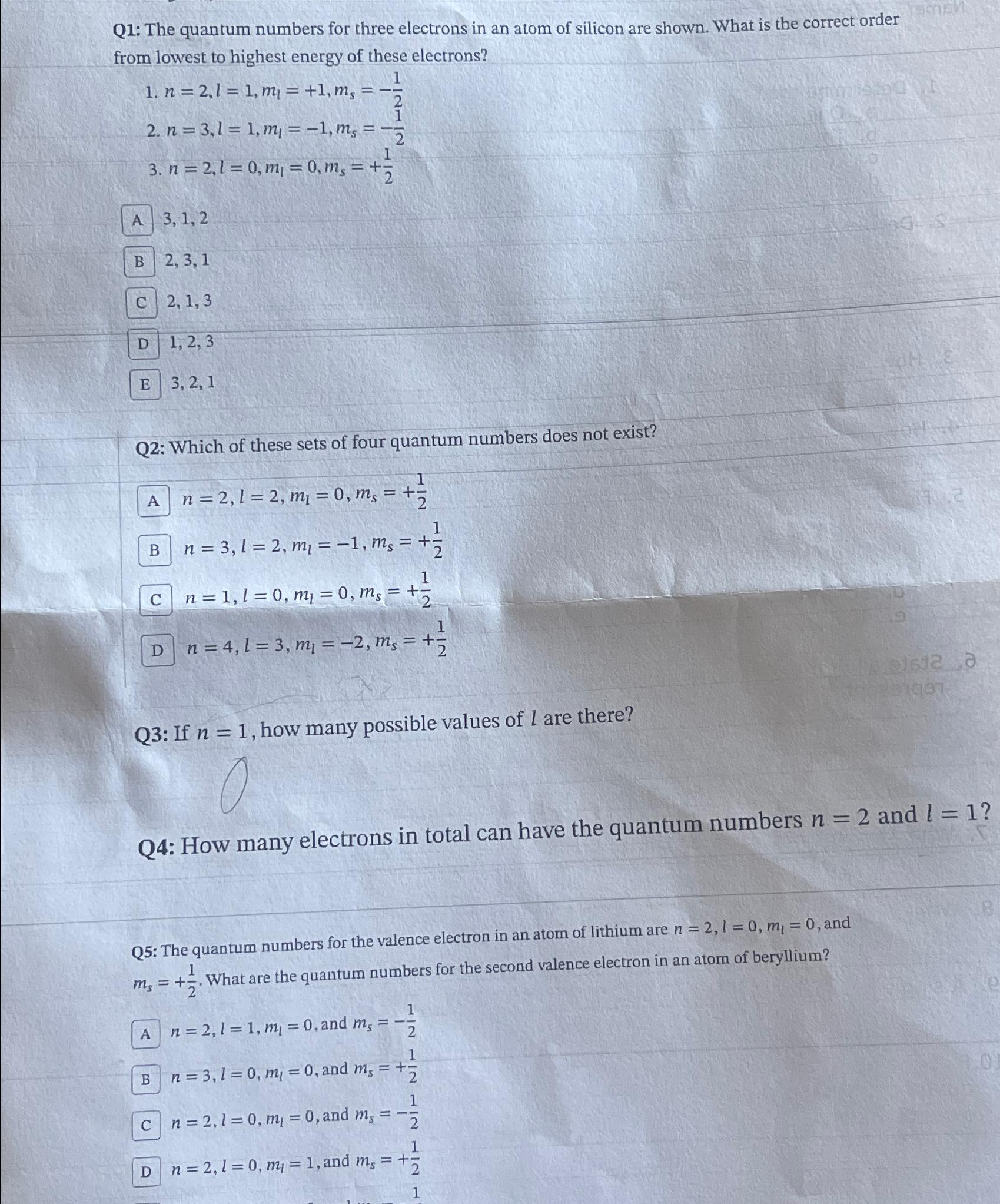 Solved Q1: The quantum numbers for three electrons in an | Chegg.com