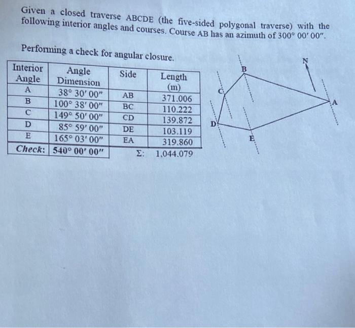 Solved Given a closed traverse ABCDE (the five-sided | Chegg.com