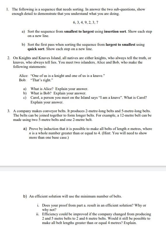 Solved а 1. The following is a sequence that needs sorting. | Chegg.com