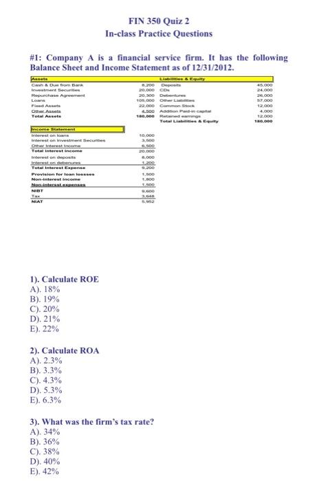 Solved FIN 350 Quiz 2 In-class Practice Questions #1: | Chegg.com