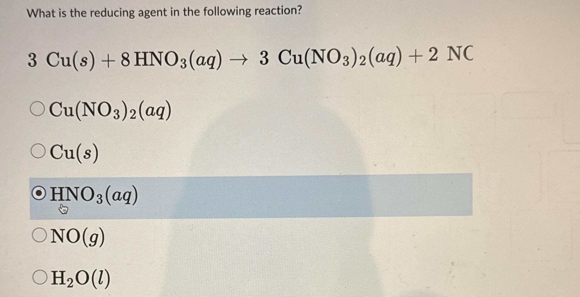 Solved What is the reducing agent in the following | Chegg.com
