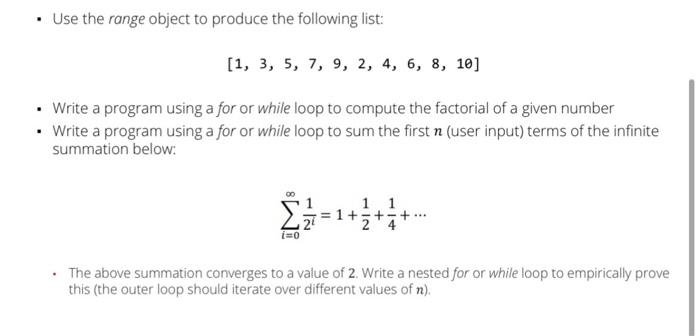 Solved Use the range object to produce the following list: | Chegg.com