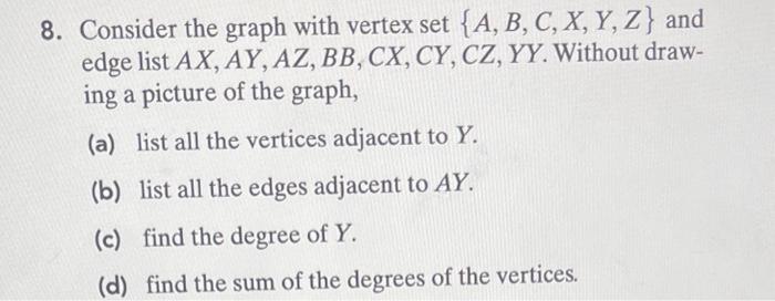 Solved 8. Consider the graph with vertex set {A,B,C,X,Y,Z} | Chegg.com
