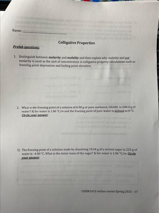 Solved Name: Colligative Properties Prelab questions: 1. | Chegg.com
