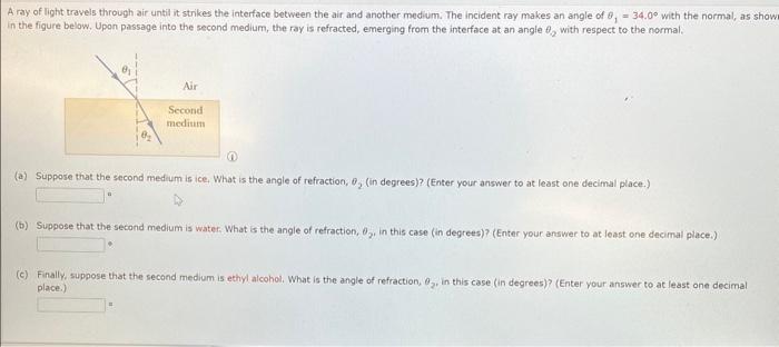 Solved A ray of light travels through air until it strikes | Chegg.com