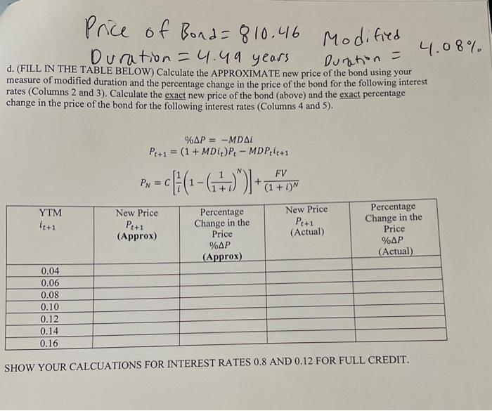 Solved Price of Bond =810.46 Modified Duration =4.49 years | Chegg.com