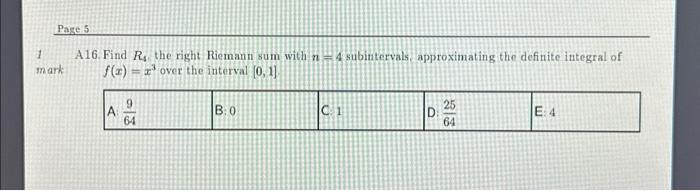 Solved A16. Find R4 the right Riemann sum with n=4 | Chegg.com