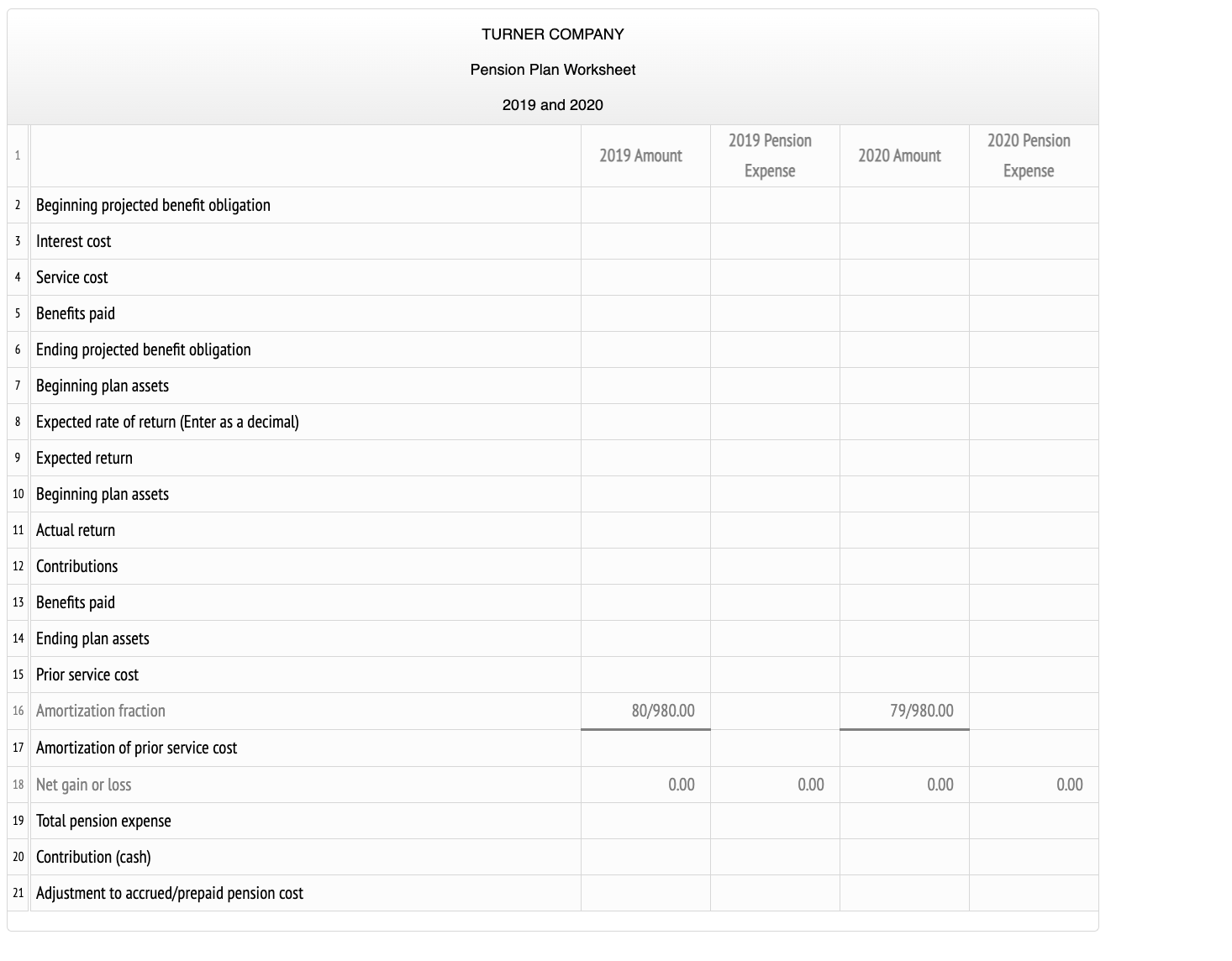 Solved TURNER COMPANYPension Plan Worksheet2019 ﻿and | Chegg.com