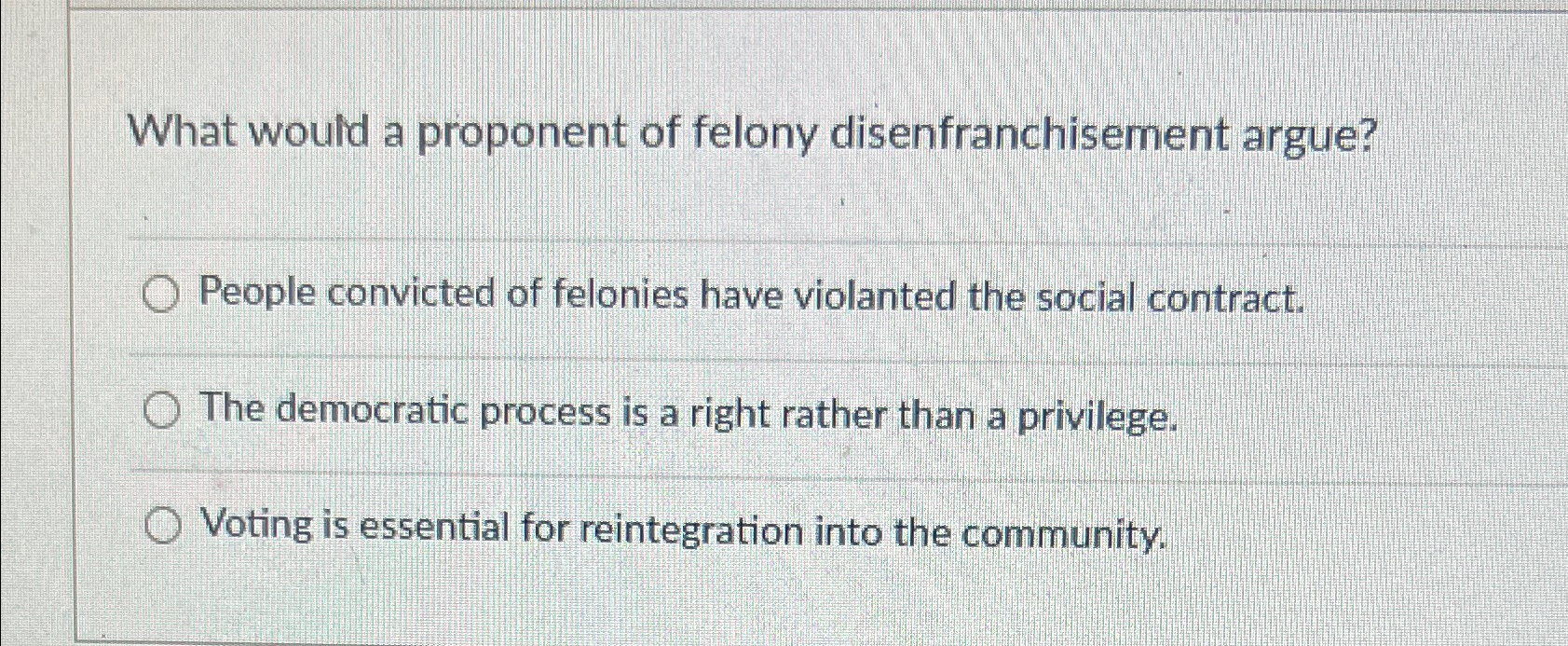 Solved What would a proponent of felony disenfranchisement | Chegg.com