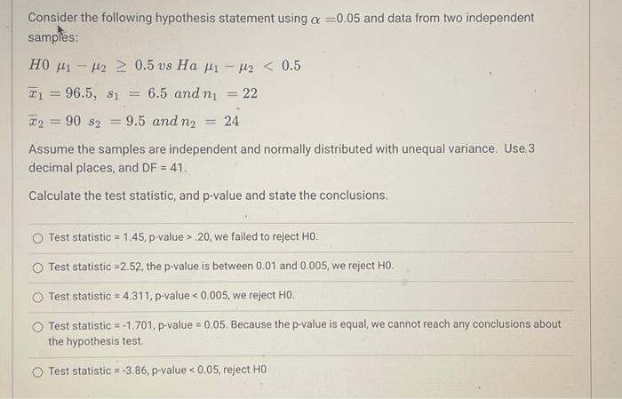 Solved Consider the following hypothesis statement using | Chegg.com