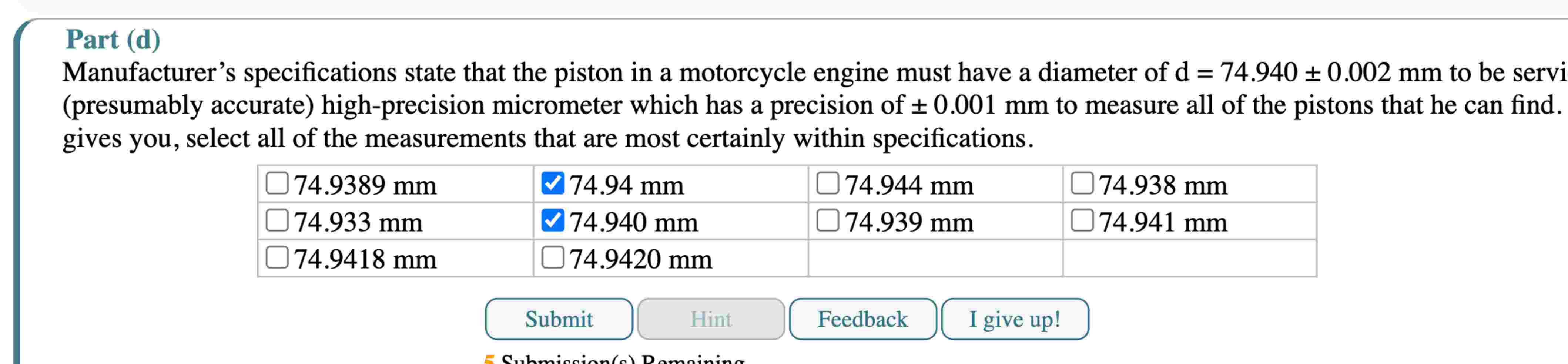 Solved Manufacturer's specifications state that the piston | Chegg.com