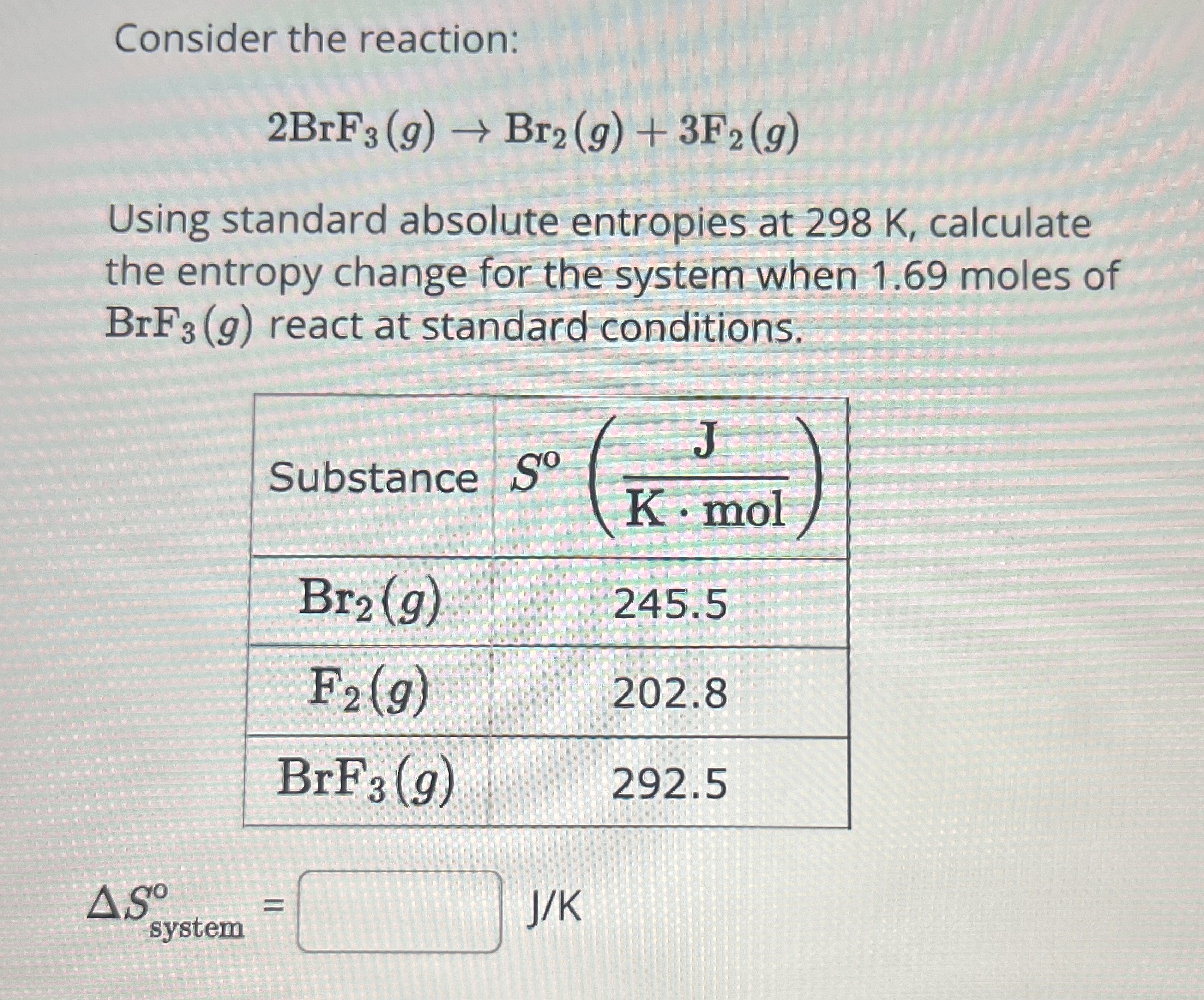 Solved Consider the reaction:2BrF3(g)→Br2(g)+3F2(g)Using | Chegg.com