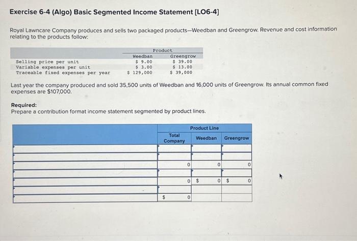 Solved Exercise 6-4 (Algo) Basic Segmented Income Statement | Chegg.com