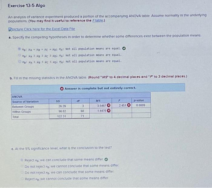 Solved An Analysis Of Variance Experiment Produced A Portion
