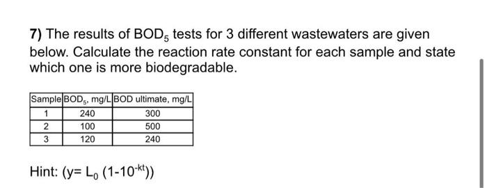 Solved 7) The results of BOD5 tests for 3 different | Chegg.com