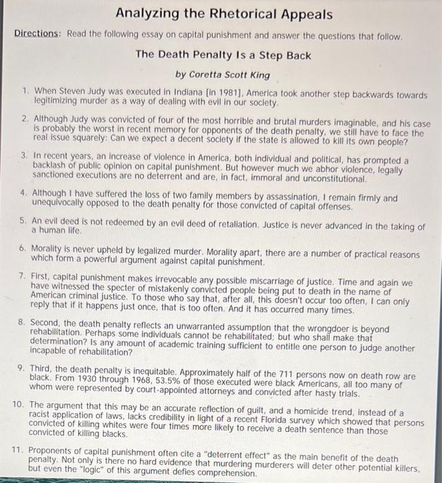 Analyzing the Rhetorical Appeals Directions: Read the | Chegg.com