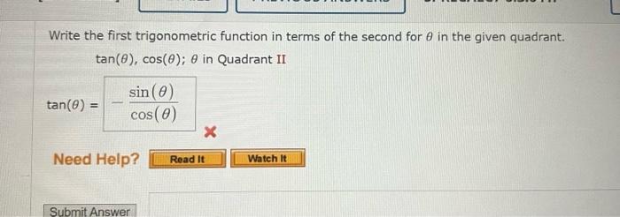 Solved Write the first trigonometric function in terms of | Chegg.com