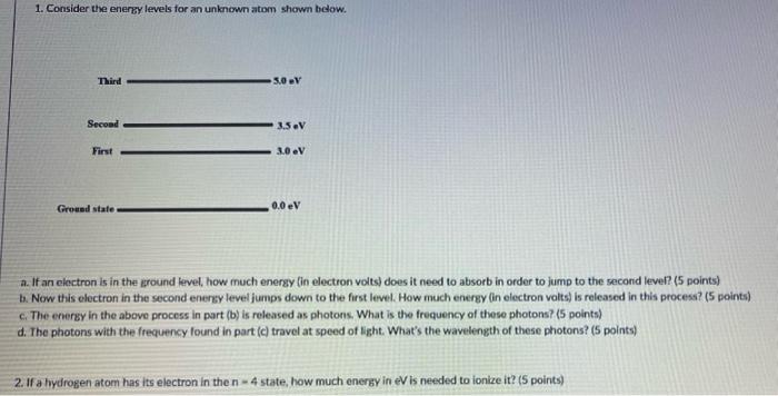Solved 1. Consider the energy levels for an unknown atom | Chegg.com