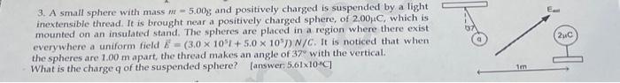 Solved 3. A small sphere with mass m = 5.00g and positively | Chegg.com