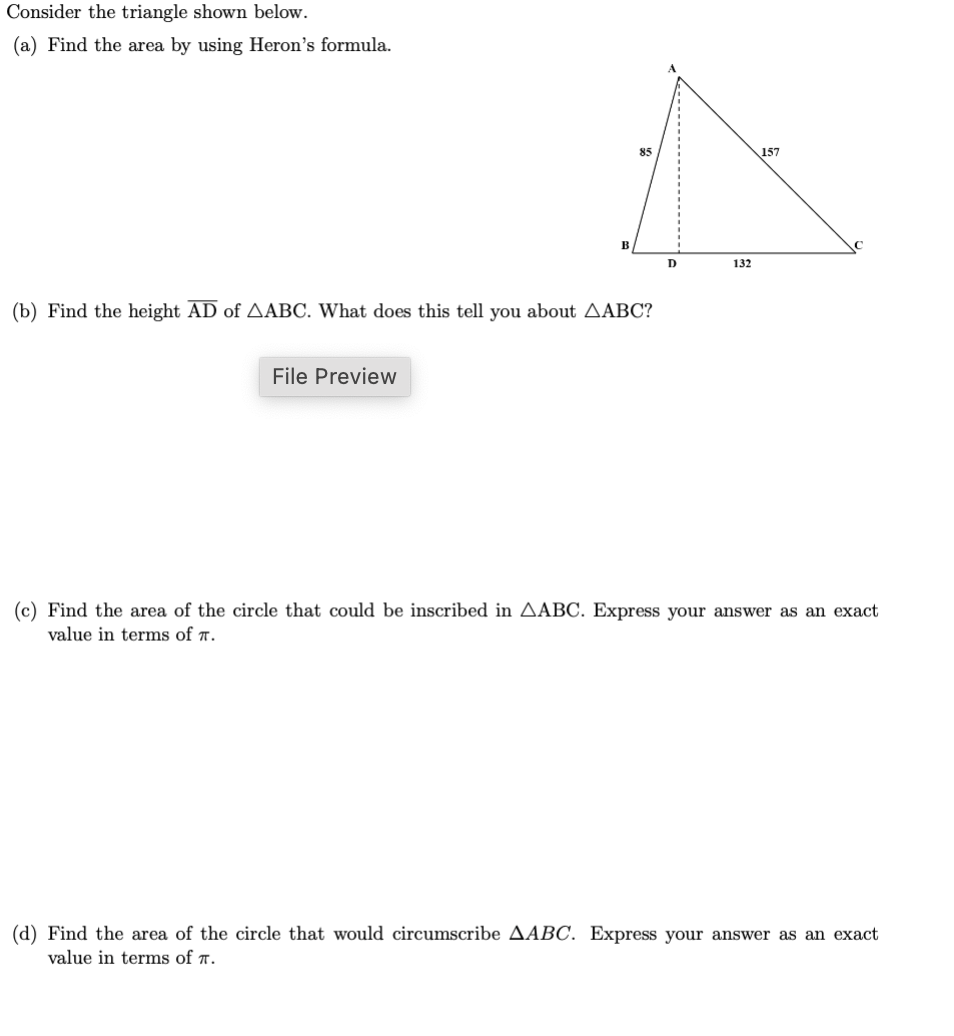 Solved Consider the triangle shown below.(a) ﻿Find the area | Chegg.com