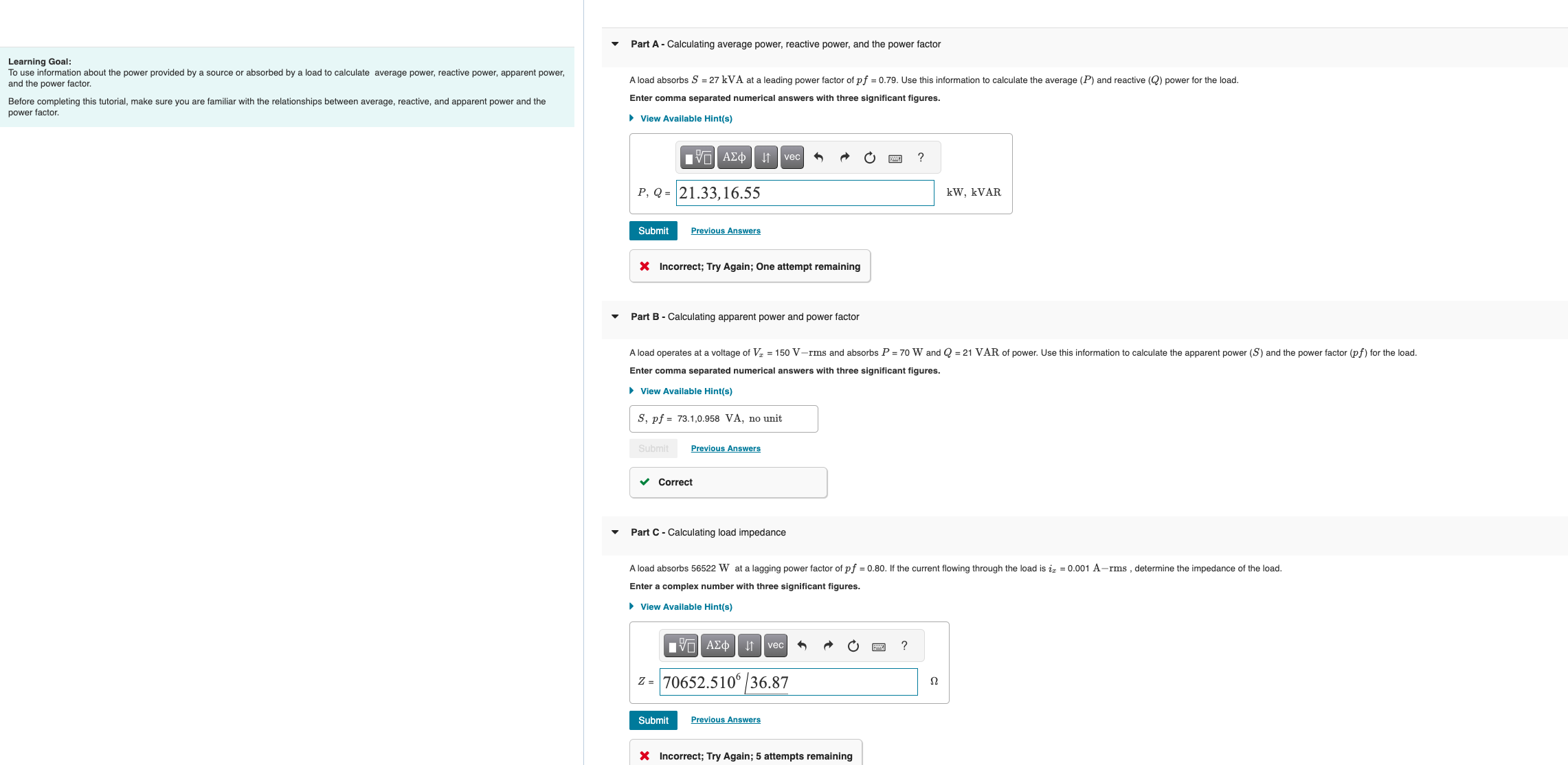 Solved Part A - ﻿Calculating average power, reactive power, | Chegg.com