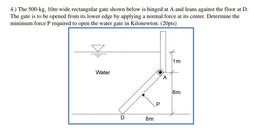 Solved 4.) The 500-kg, 10m wide rectangular gate shown below | Chegg.com