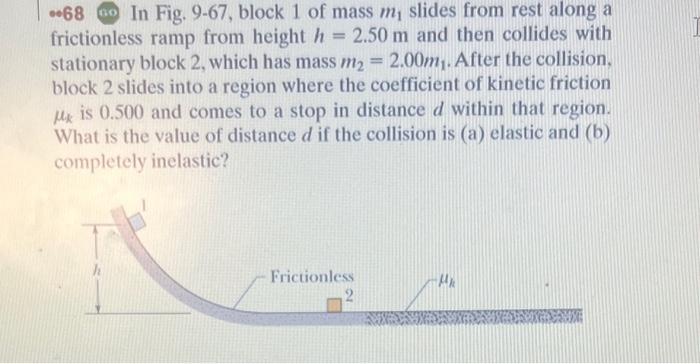 Solved ⋯68 In Fig. 9-67, block 1 of mass m1 slides from rest | Chegg.com