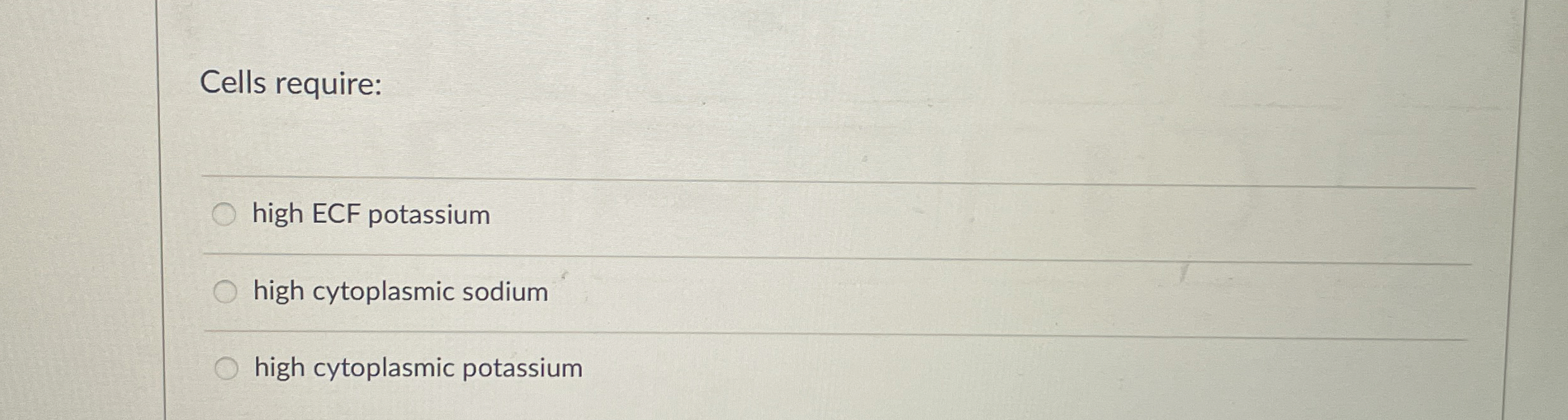 Solved Cells require:high ECF potassiumhigh cytoplasmic | Chegg.com