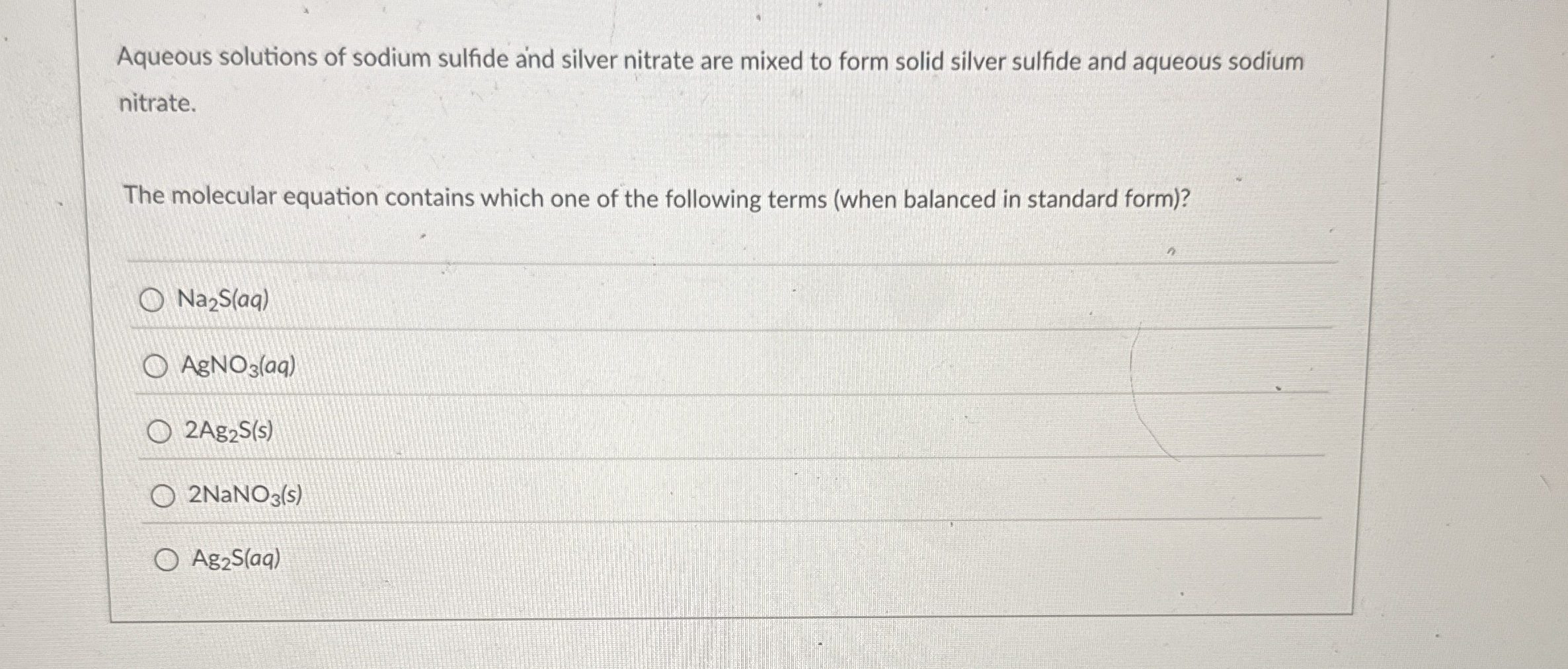 Solved Aqueous solutions of sodium sulfide and silver | Chegg.com