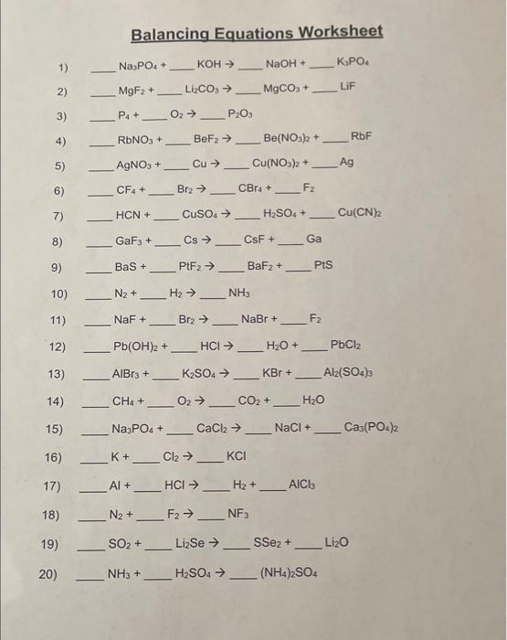 Solved Balancing Equations Worksheet 1) | Chegg.com