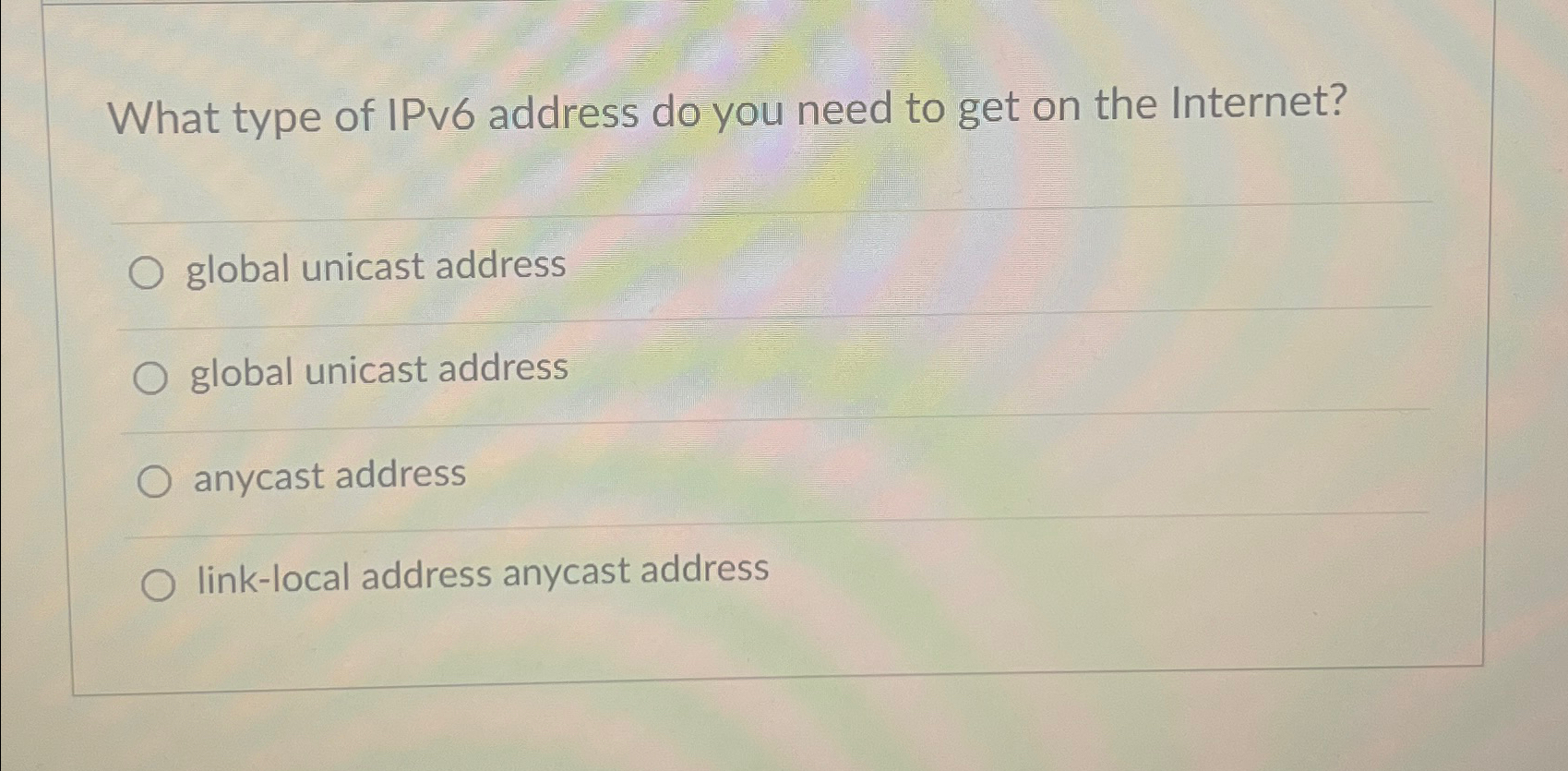 Solved What type of IPv6 ﻿address do you need to get on the | Chegg.com