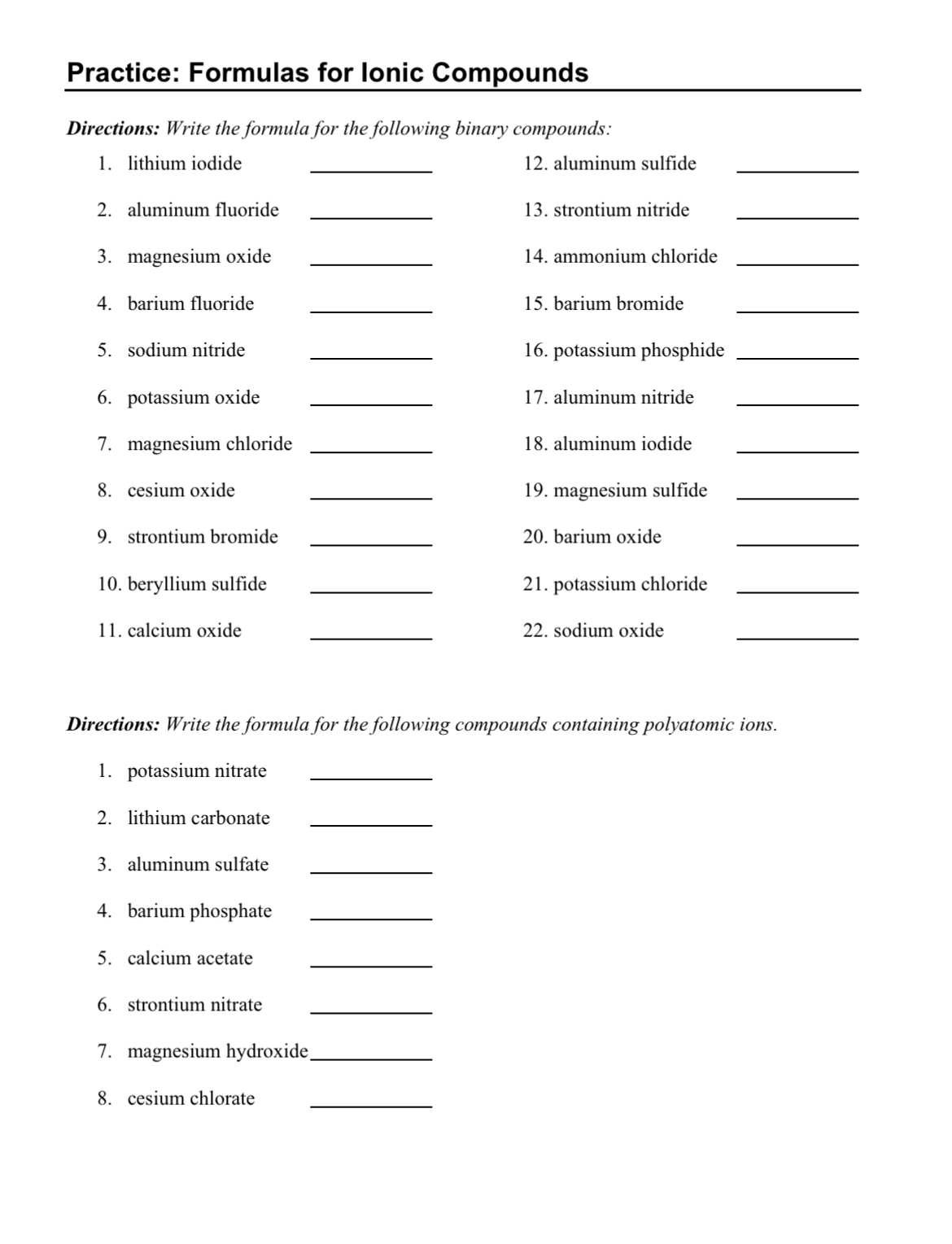 Solved Practice: Formulas for lonic CompoundsDirections: | Chegg.com