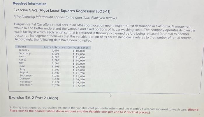 Solved Required information Exercise 5A-2 (Algo) | Chegg.com
