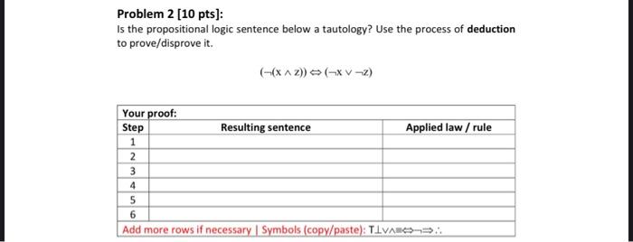 Solved Problem 2 [10 pts]: Is the propositional logic | Chegg.com