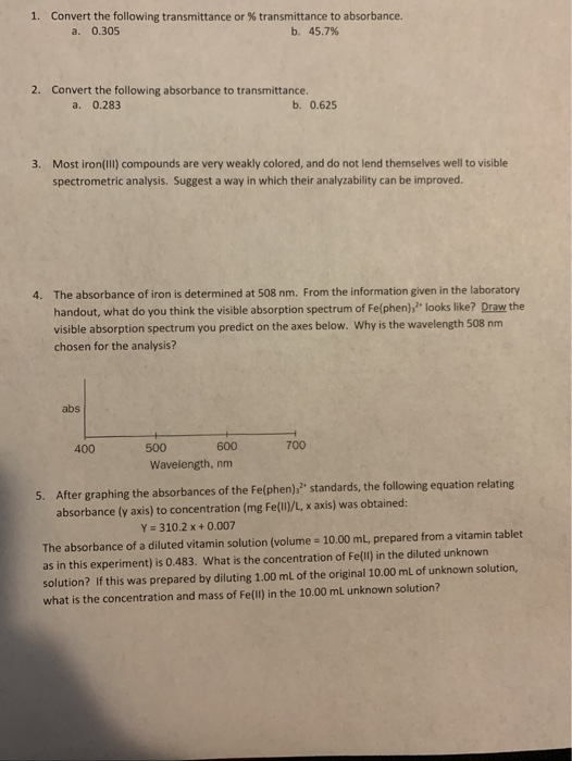 Solved 1. Convert the following transmittance or % | Chegg.com