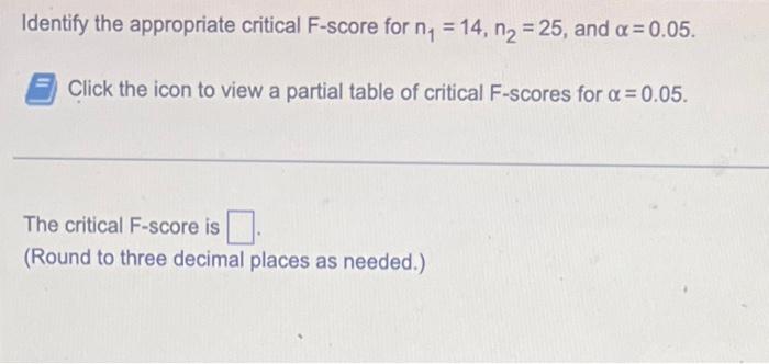 Solved Identify the appropriate critical F-score for | Chegg.com