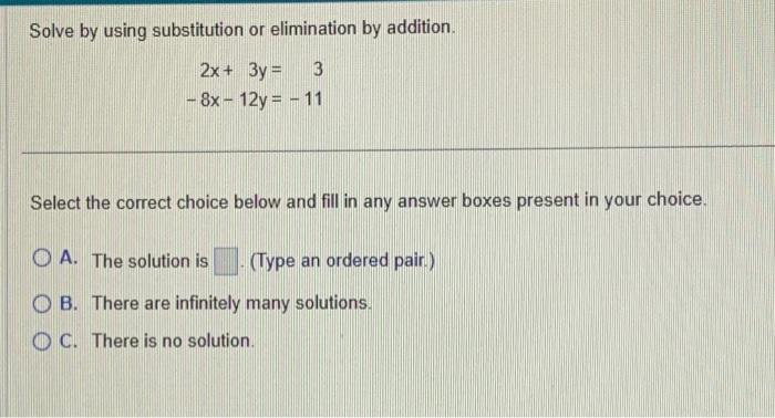 Solved Solve by using substitution or elimination by | Chegg.com