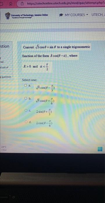 Solved Convert 3cosθ+sinθ to a single trigonometric function | Chegg.com