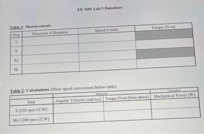EE 3601 Lab 5 DatasheetLab 5 - Prime Mover and | Chegg.com