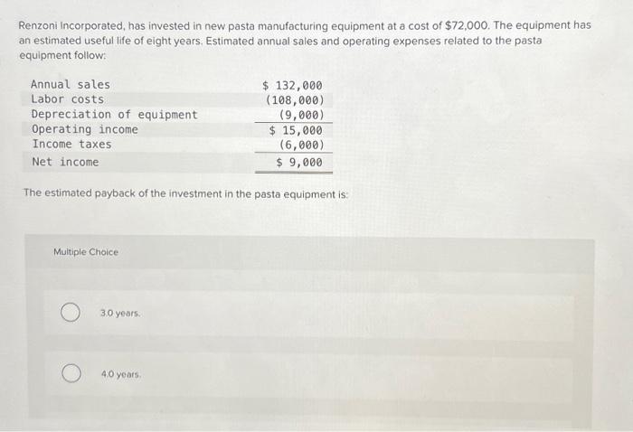 Solved Renzoni Incorporated, has invested in new pasta | Chegg.com