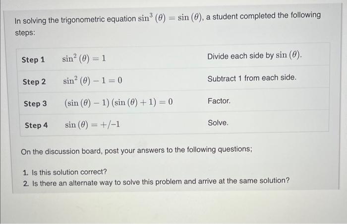 Solved In solving the trigonometric equation sin3(θ)=sin(θ), | Chegg.com