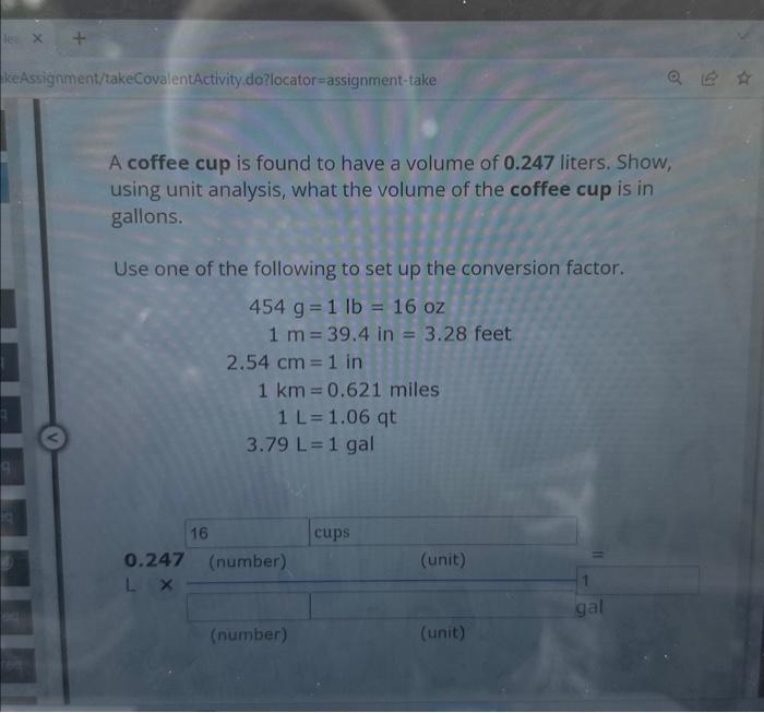 Solved A coffee cup is found to have a volume of 0.247 | Chegg.com
