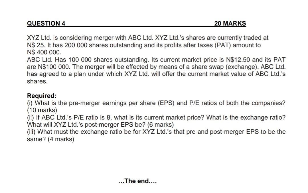 Solved XYZ Ltd. is considering merger with ABC Ltd. XYZ | Chegg.com