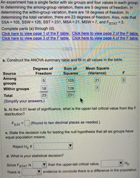 Solved An experiment has a single factor with six groups and | Chegg.com