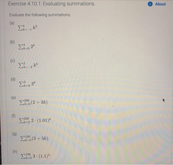 Solved Exercise 4.10.1: Evaluating summations. About | Chegg.com
