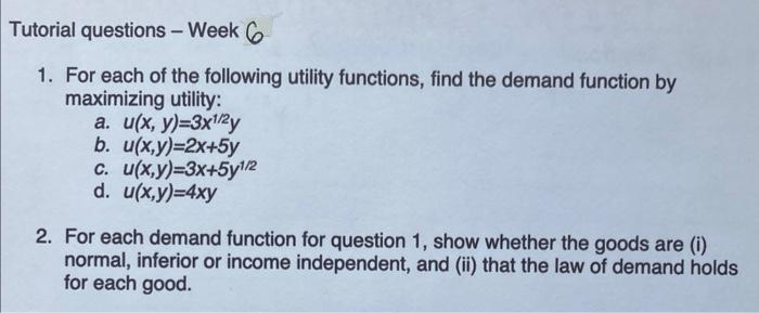 Solved 1. For each of the following utility functions, find | Chegg.com